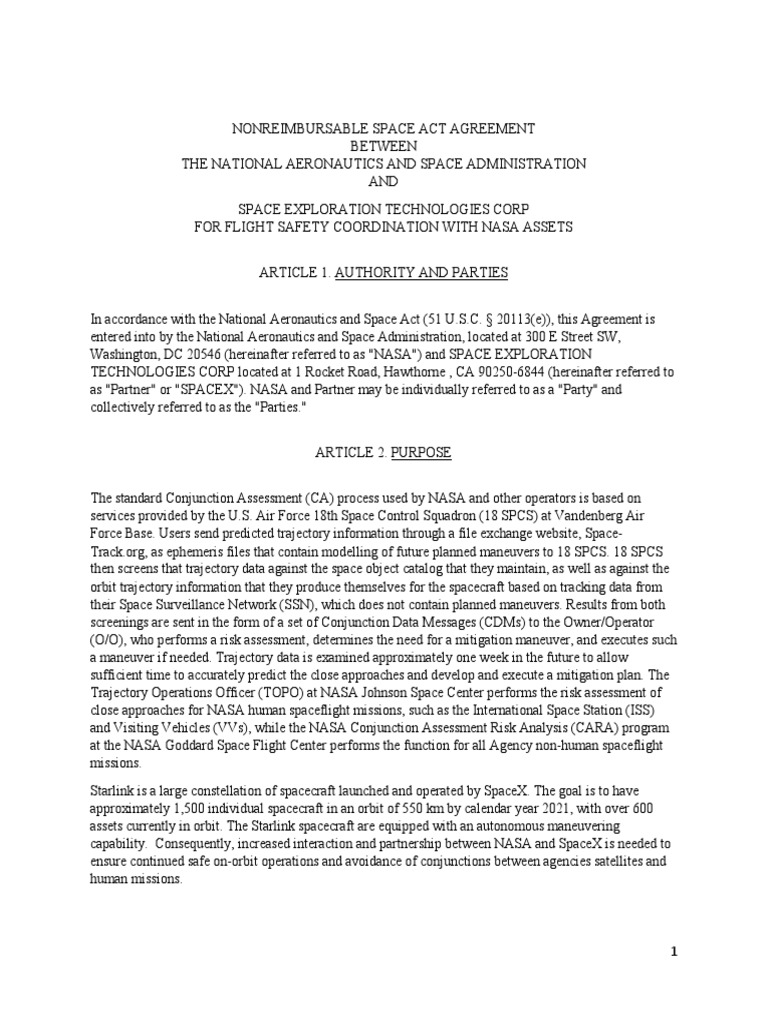 NASA-SpaceX Starlink Agreement Final | PDF | Trade Secret | Space X