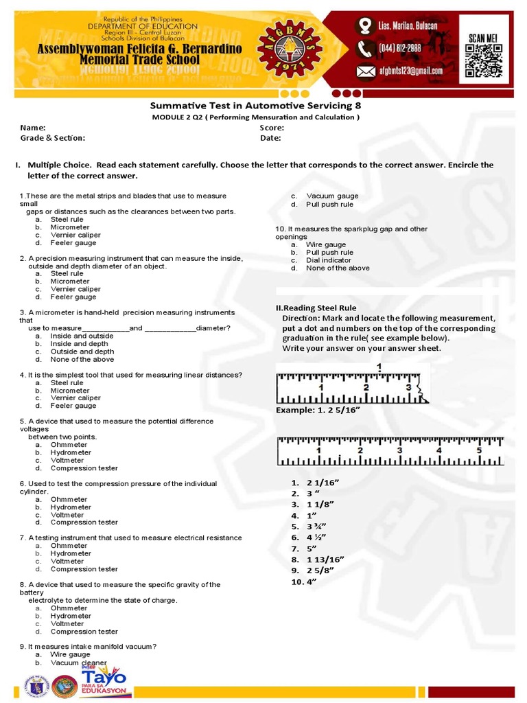Summative Test in Automotive Servicing 8: Name: Score: Grade & Section ...