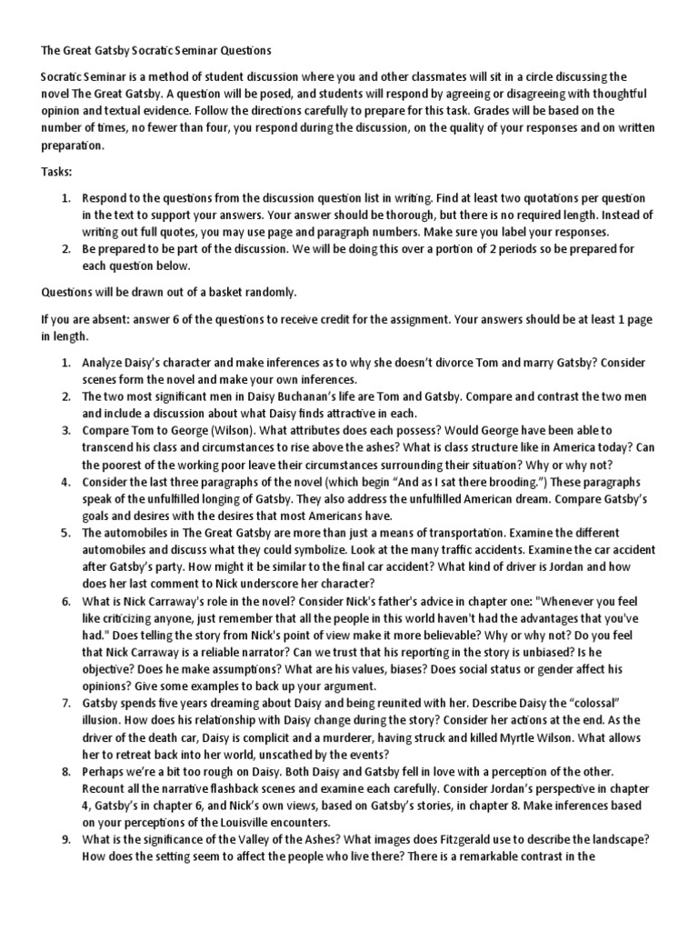The Great Gatsby Socratic Seminar Prep Questions | PDF | The Great ...