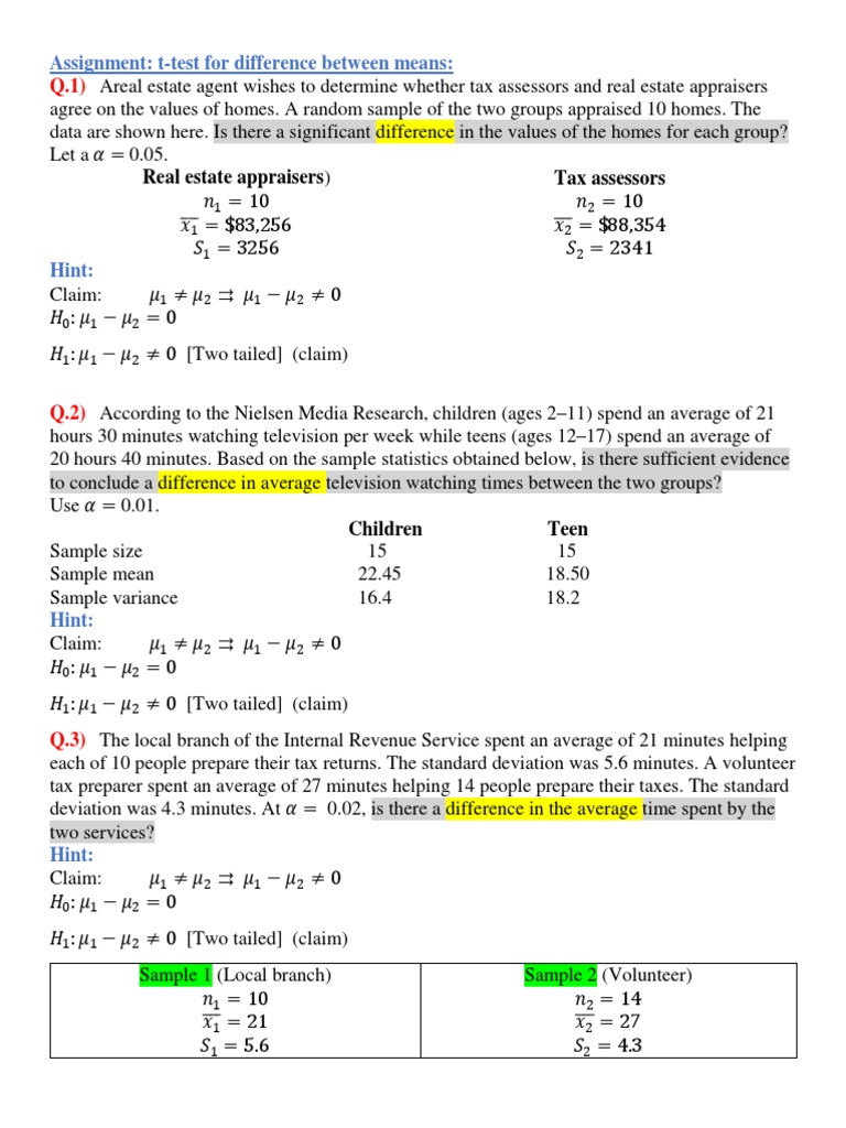 7-T-Test For Difference Between Means Assignment | PDF | Sample Size ...