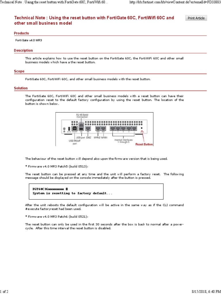 Technical Note - Using The Reset Button With FortiGate 60C, FortiWifi ...