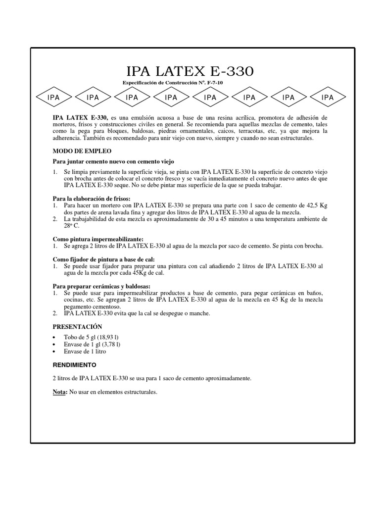 Ficha Tecnica Ipa Latex e 330 F 7 10 | PDF | Hormigón | Cemento