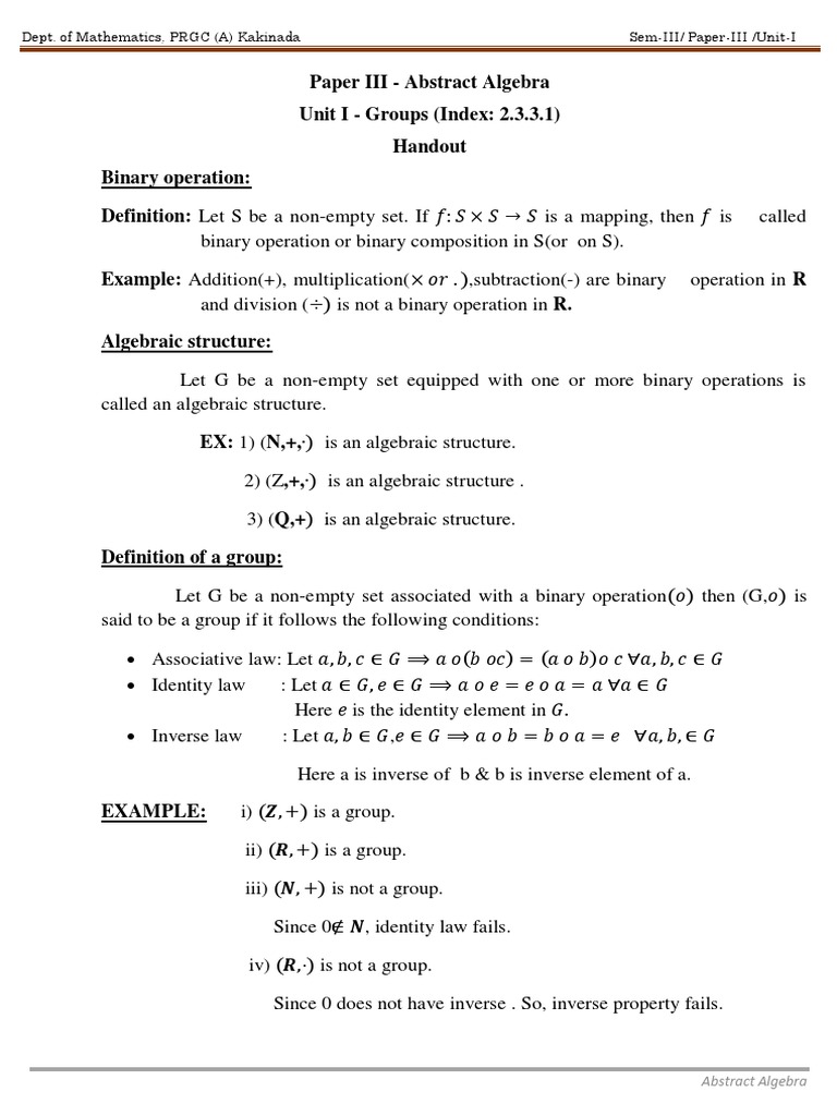 2.3.3.1 Maths Handout (Unit-I) | PDF | Group (Mathematics) | Integer