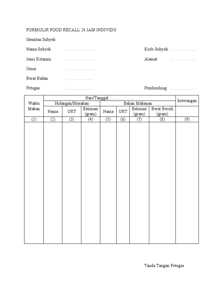 Formulir Food Recall 24 Jam Individu | PDF