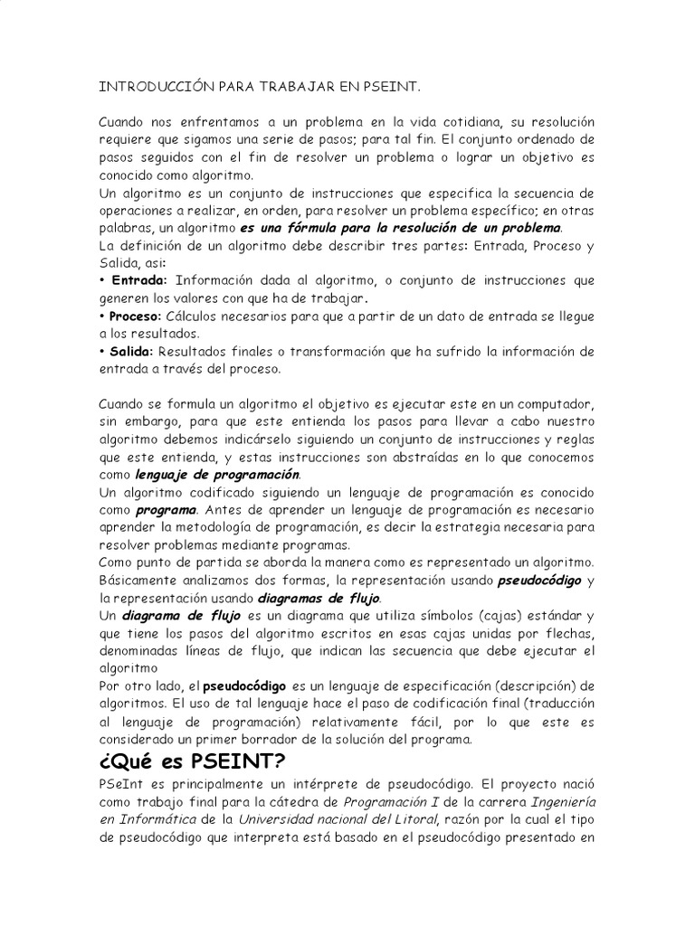 Introducción para Trabajar en Pseint | PDF | Algoritmos | Programación de computadoras