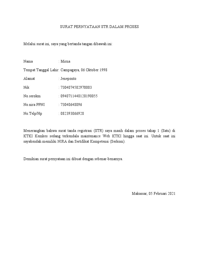 Surat Pernyataan STR Dalam Proses | PDF