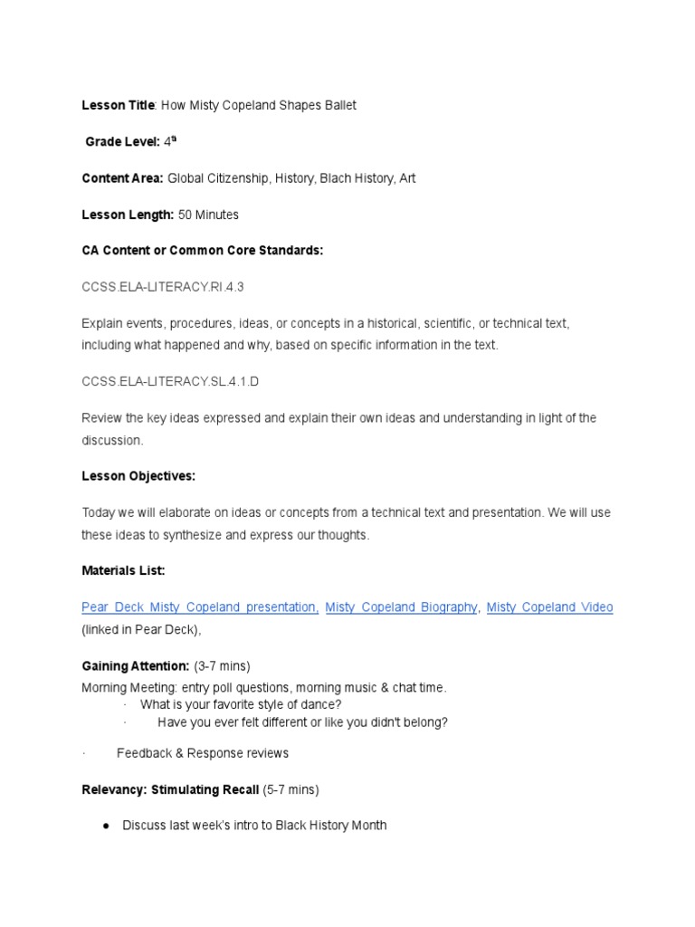 Misty Copeland Lesson Plan | PDF | Pedagogy | Human Nature