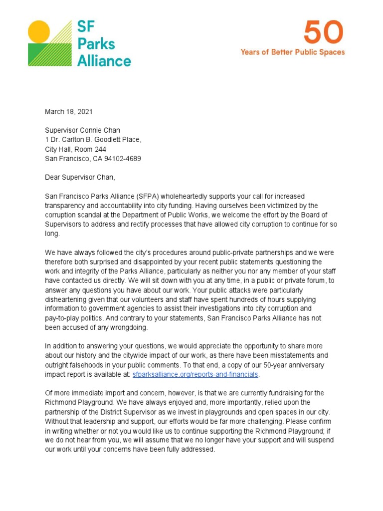 Parks Alliance Letter To Supervisor Connie Chan | PDF | Policy | Government