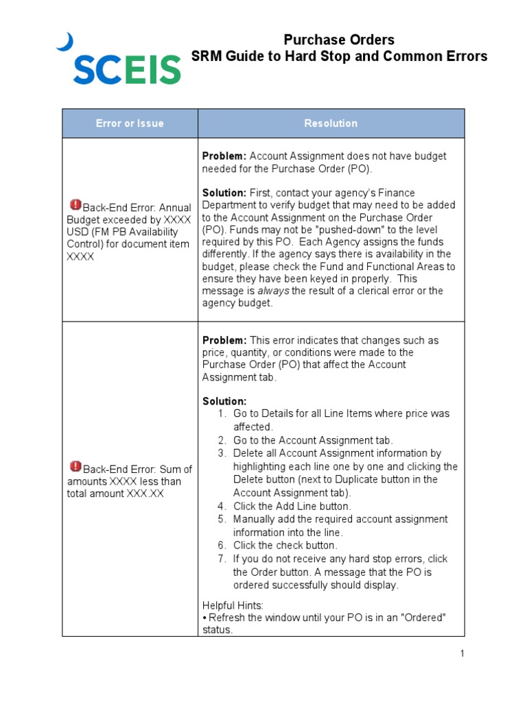 Purchase Orders SRM Guide To Hard Stop and Common Errors Master List ...