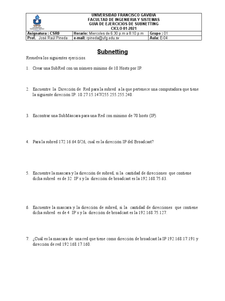 Guia de Ejercicios de Subnetting (I-2021) | PDF | Dirección IP | Telecomunicaciones