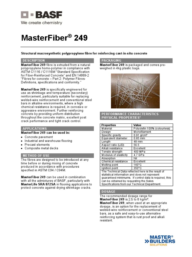 Basf Masterfiber 249 Tds | PDF | Fibers | Concrete