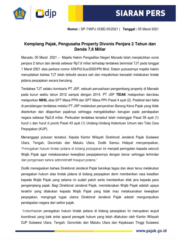 Siaran Pers - Vonis Pidana Pajak | PDF
