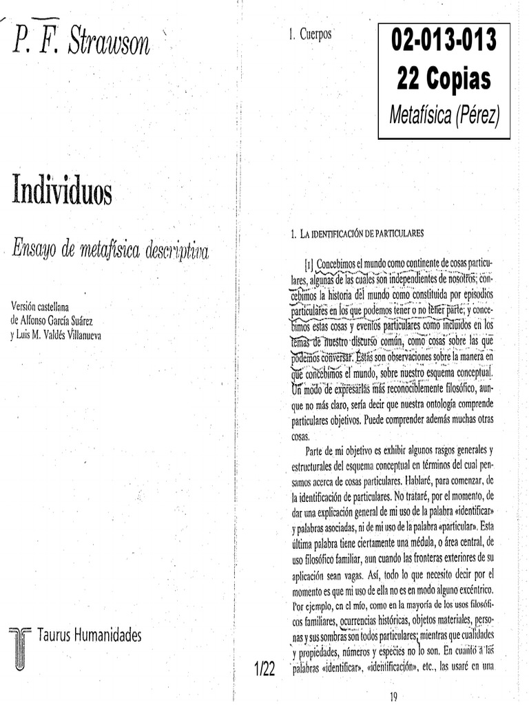 Individus selon Strawson en métaphysique | PDF