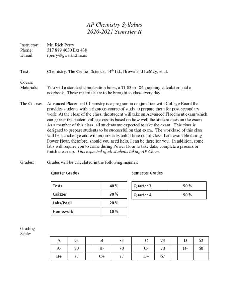 AP Chem Syllabus 2020 - 2021 Semester 2 | PDF | Quiz | Test (Assessment)
