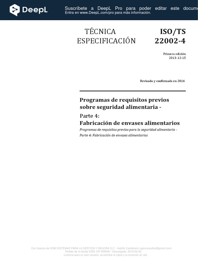 ISO - TS - 22002-4 - 2013 (En) ES | PDF | Seguridad alimenticia | Agua