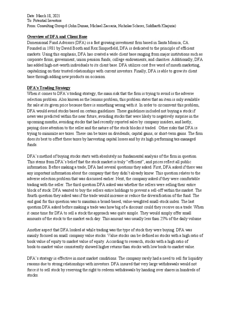 DFA Memo | PDF | Stocks | Beta (Finance)