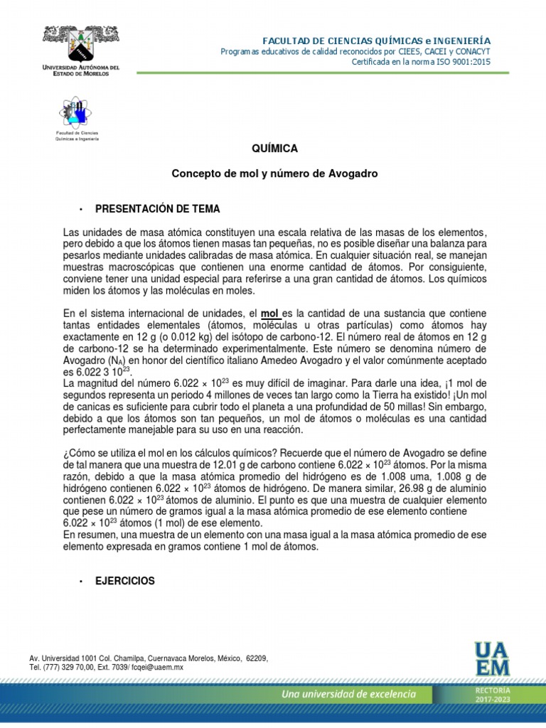 Concepto de Mol y Número de Avogadro | PDF | Mole (Unidad) | Átomos