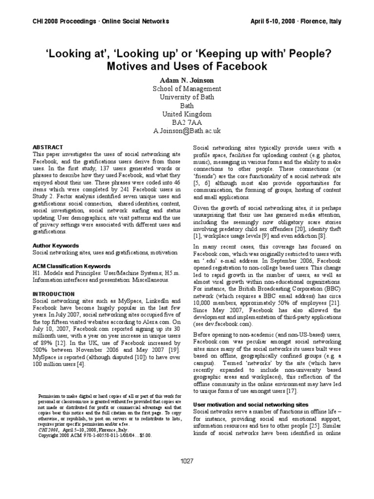 Joinson 2008 | PDF | Social Networking Service | Facebook