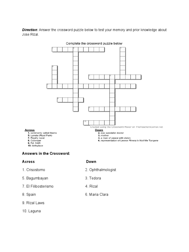 Jose Rizal.: Direction: Answer The Crossword Puzzle Below To Test Your ...