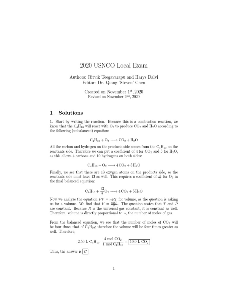 2020 USNCO Local Exam: 1 Solutions | PDF | Redox | Molecular Orbital