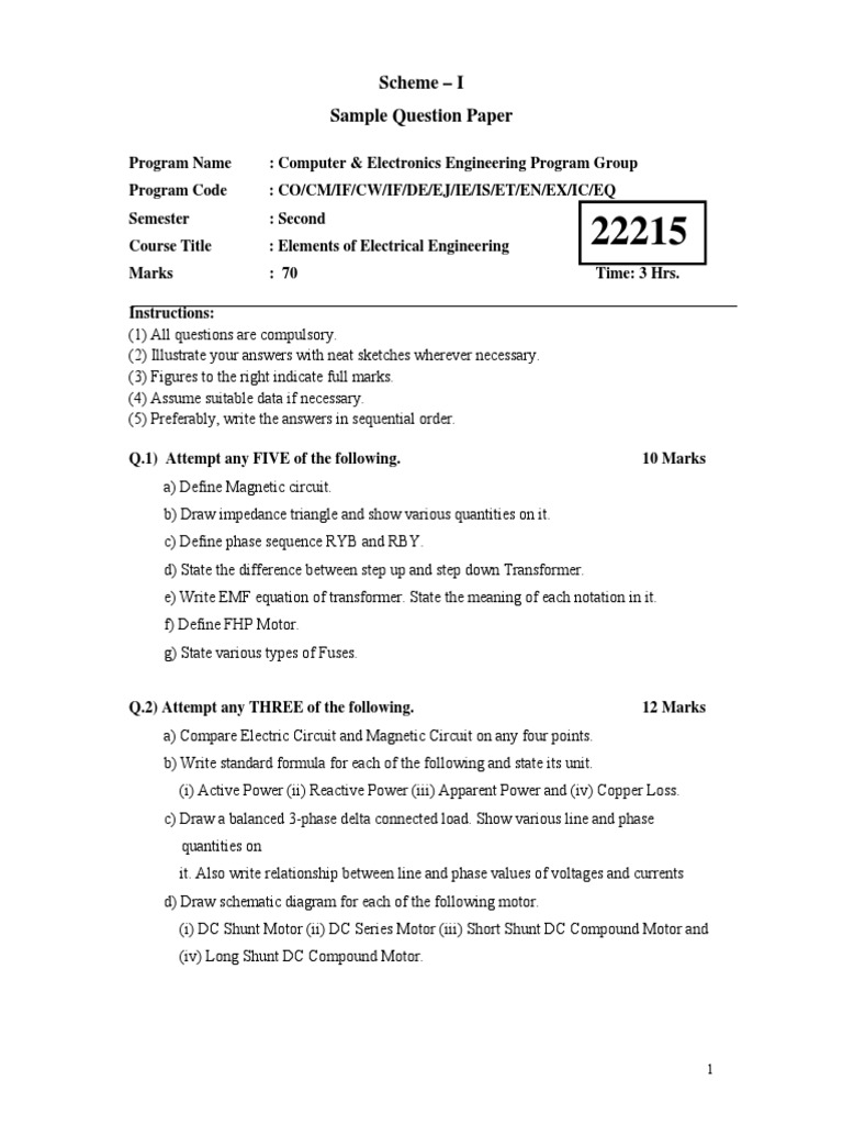 Elements of Electrical Engineering Sample Question Paper | PDF ...