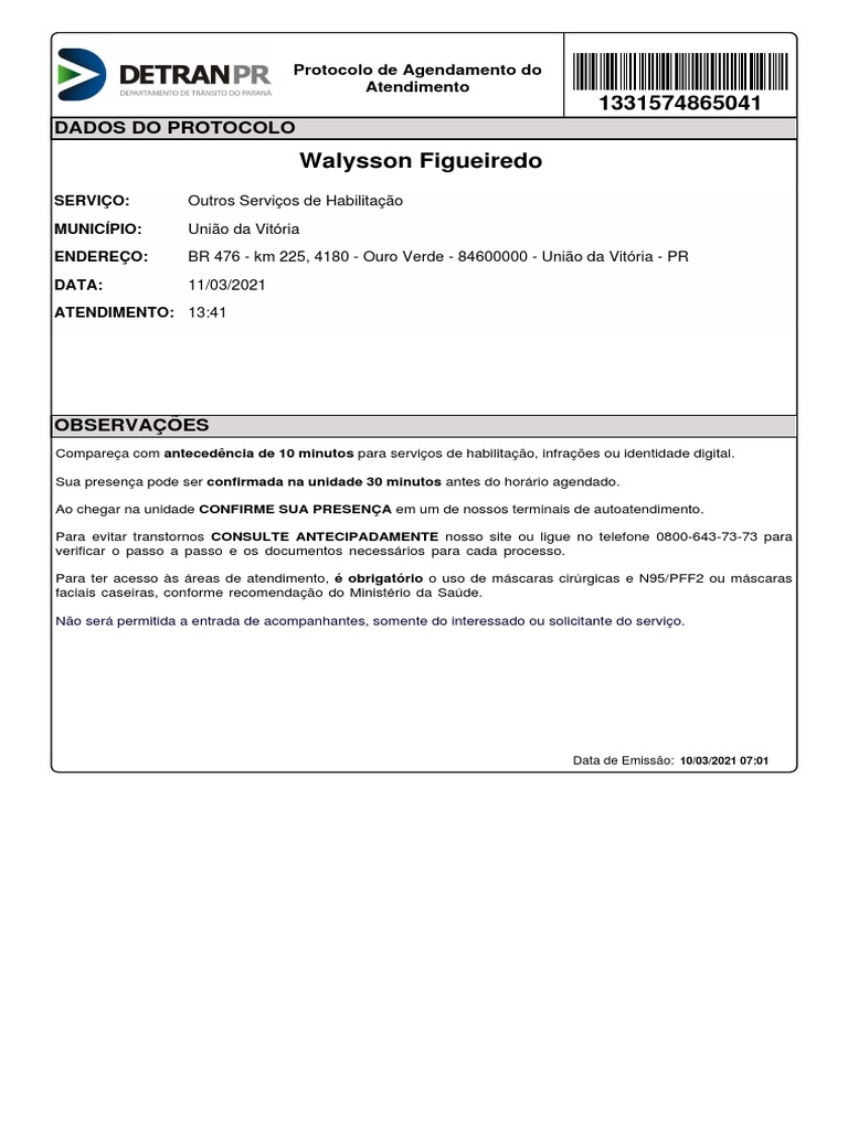 Protocolo Agendamento | PDF