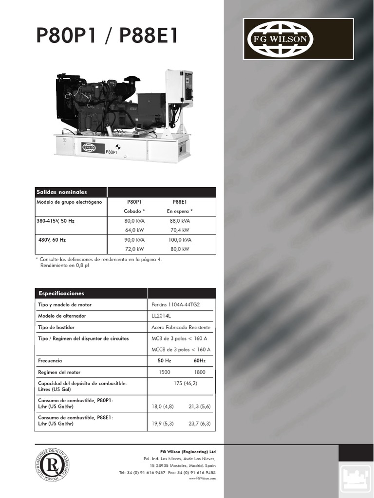Especificaciones Grupo Electrógeno P80P1/P88E1 | PDF | Cantidades ...