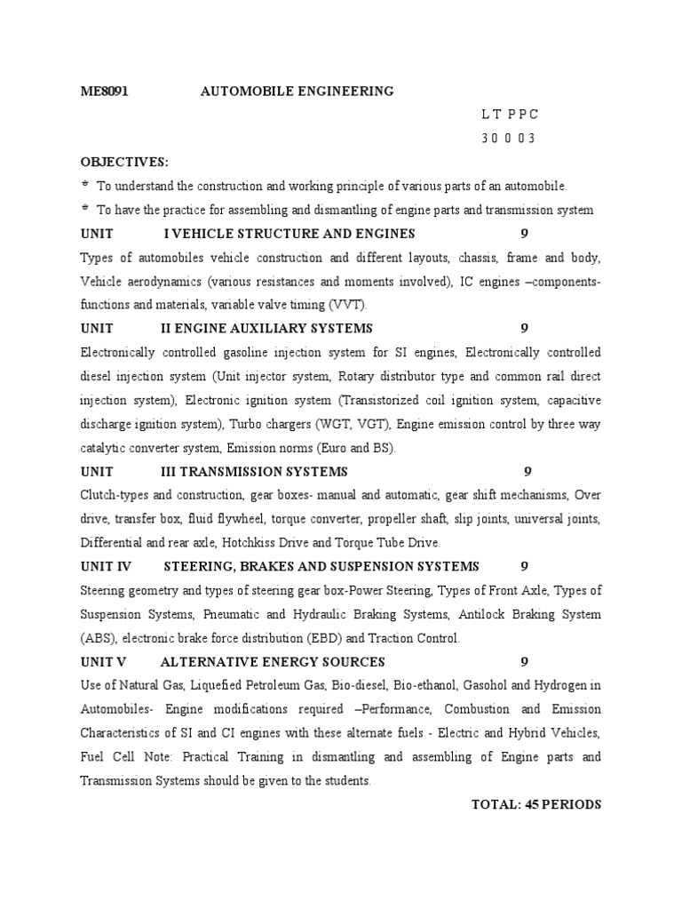 Automobile Engineering Course Syllabus | PDF | Engines | Transmission ...
