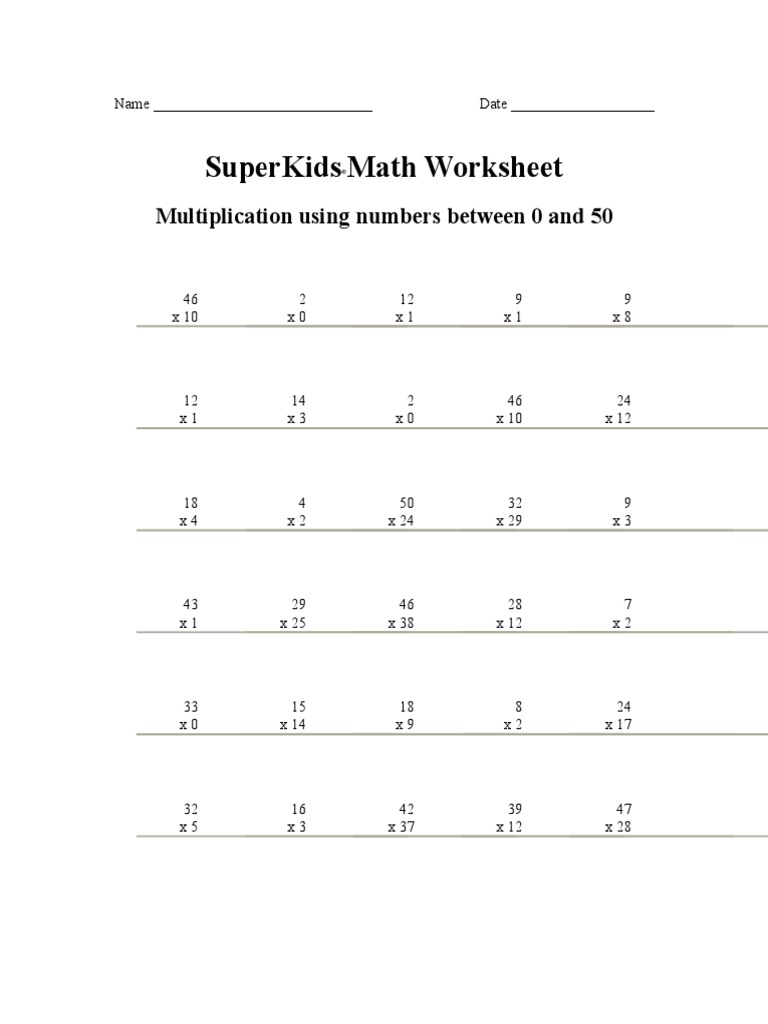 Superkids Math Worksheet: Multiplication Using Numbers Between 0 and 50 ...