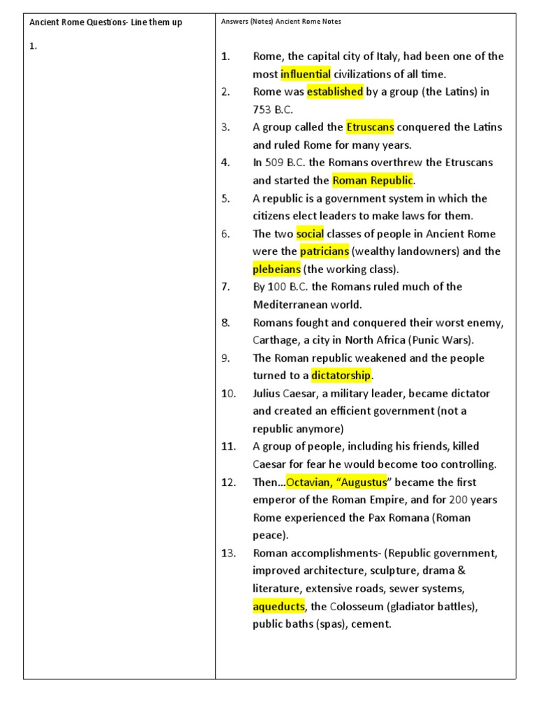 Ancient Rome Questions-Line Them Up | PDF | Ancient Rome | Roman Republic