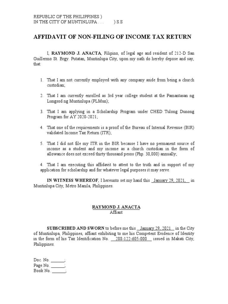 Affidavit of Non-Filing of ITR | PDF