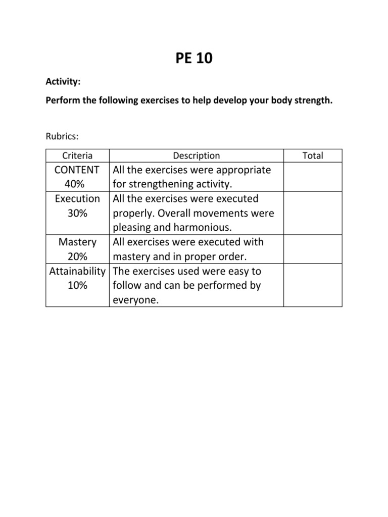 Rubrics PE 10 | PDF