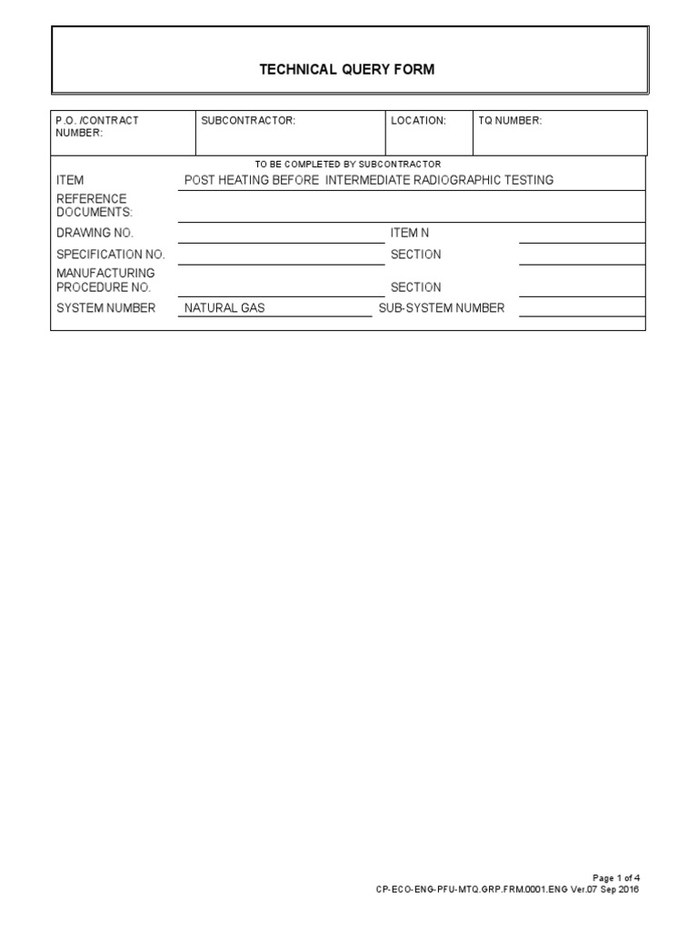 Technical Query Form: P.O. /contract Number: Subcontractor: Location ...