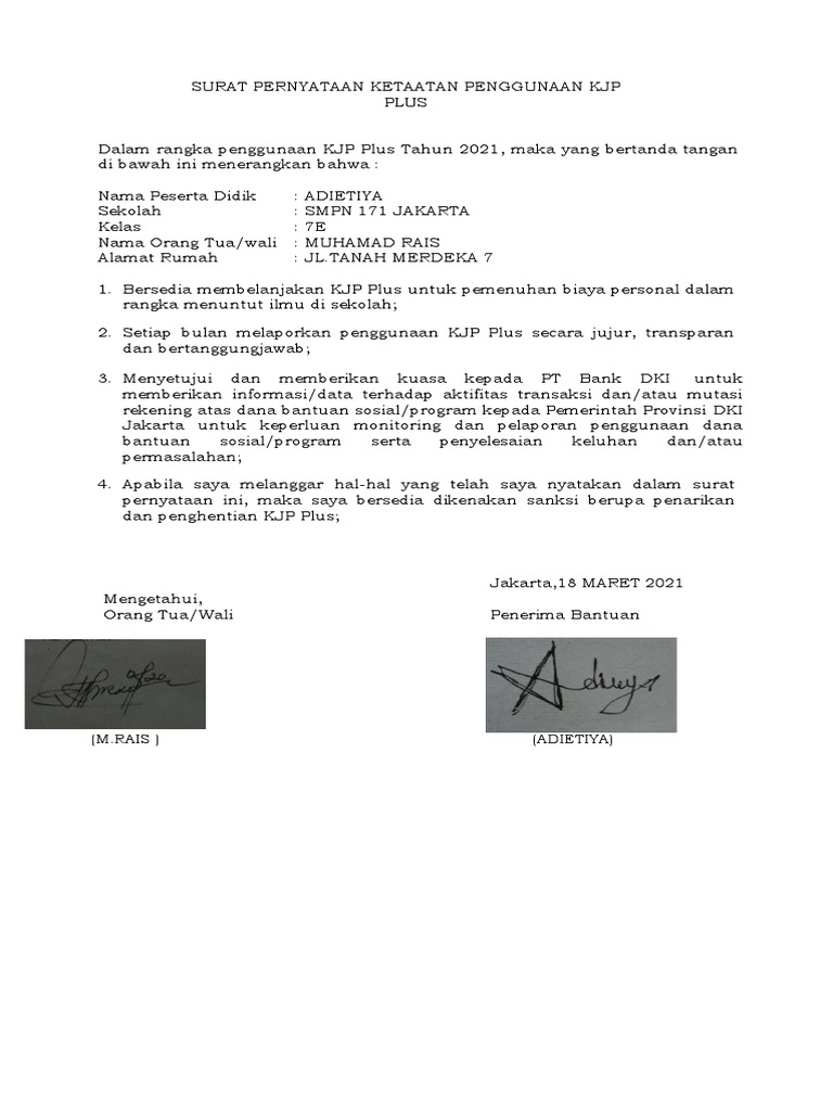 Surat Pernyataan Ketaatan Penggunaan KJP Plus | PDF