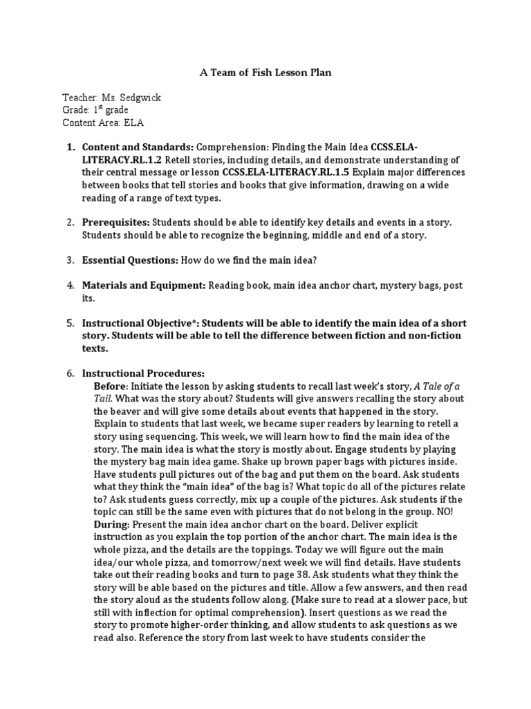 A Team of Fish Lesson Plan | Download Free PDF | Reading Comprehension ...