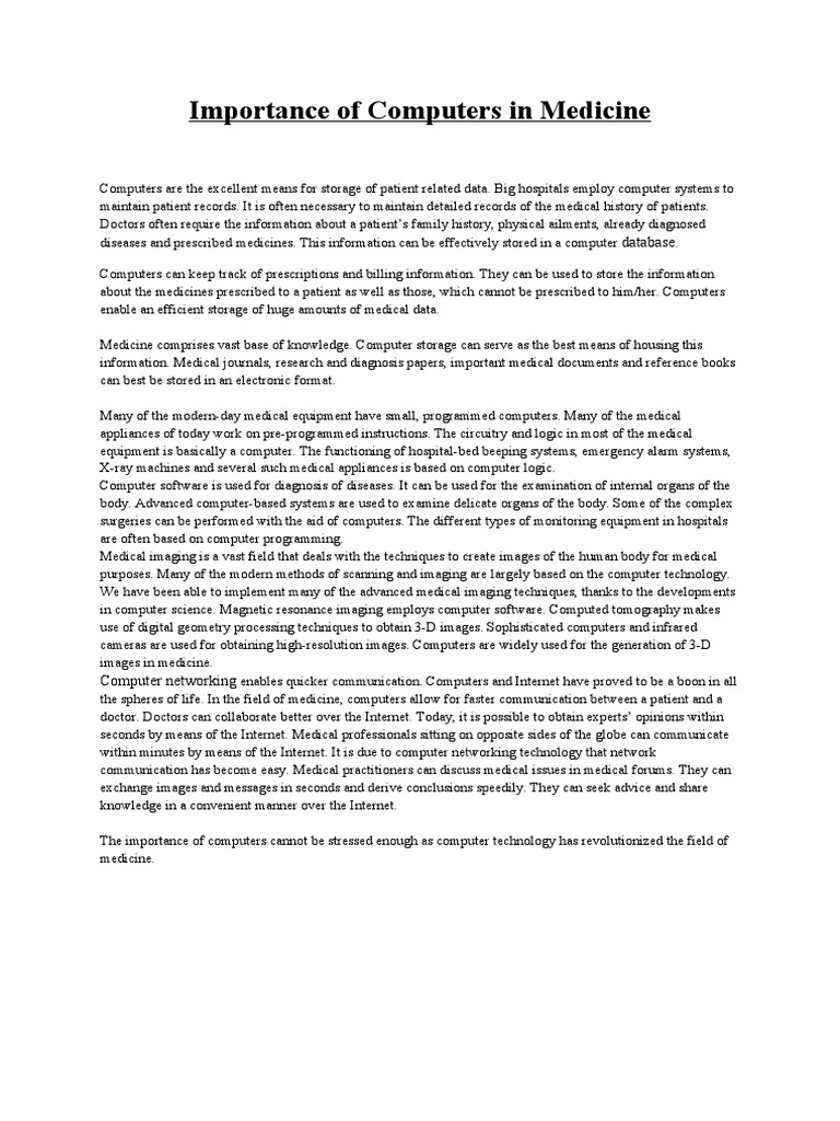 Role of Computers in Medicine | PDF | Medical Imaging | Medicine