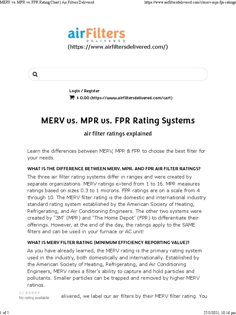MERV vs. MPR vs. FPR Rating Chart Air Filters Delivered | PDF | Nature ...