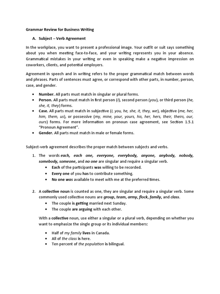 G1. Grammar Review For Business Writing | PDF | Grammatical Number | Plural