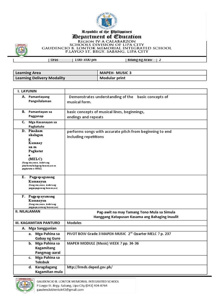 Lesson Exemplar Mapeh Music Q2 Melc 7 | PDF