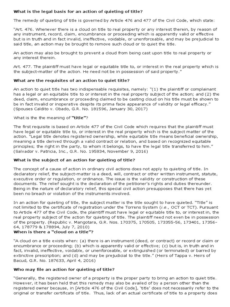 Quieting of Title | PDF | Title (Property) | Legal Remedy