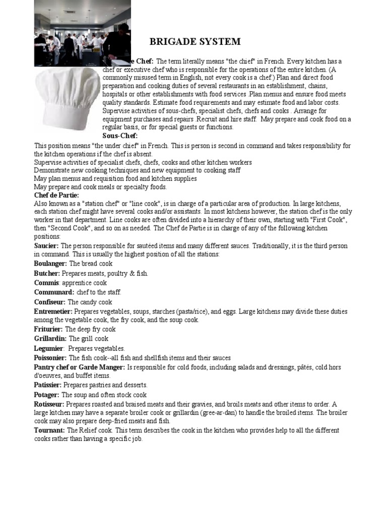 Brigade System: Executive Chef | PDF | Chef | Cooking