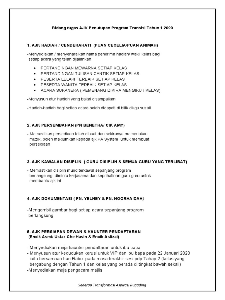 BIDANG TUGAS AJK PROGRAM PENUTUPAN PROGRAM TRANSISI TAHUN 1 2020 Baru | PDF