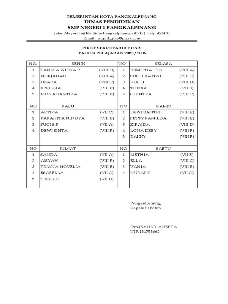 Jadwal Piket OSIS SMPN 1 Pangkalpinang | PDF