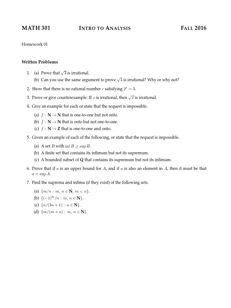 MATH 301 I A F 2016: Ntro To Nalysis ALL | PDF | Mathematical Concepts | Elementary Mathematics