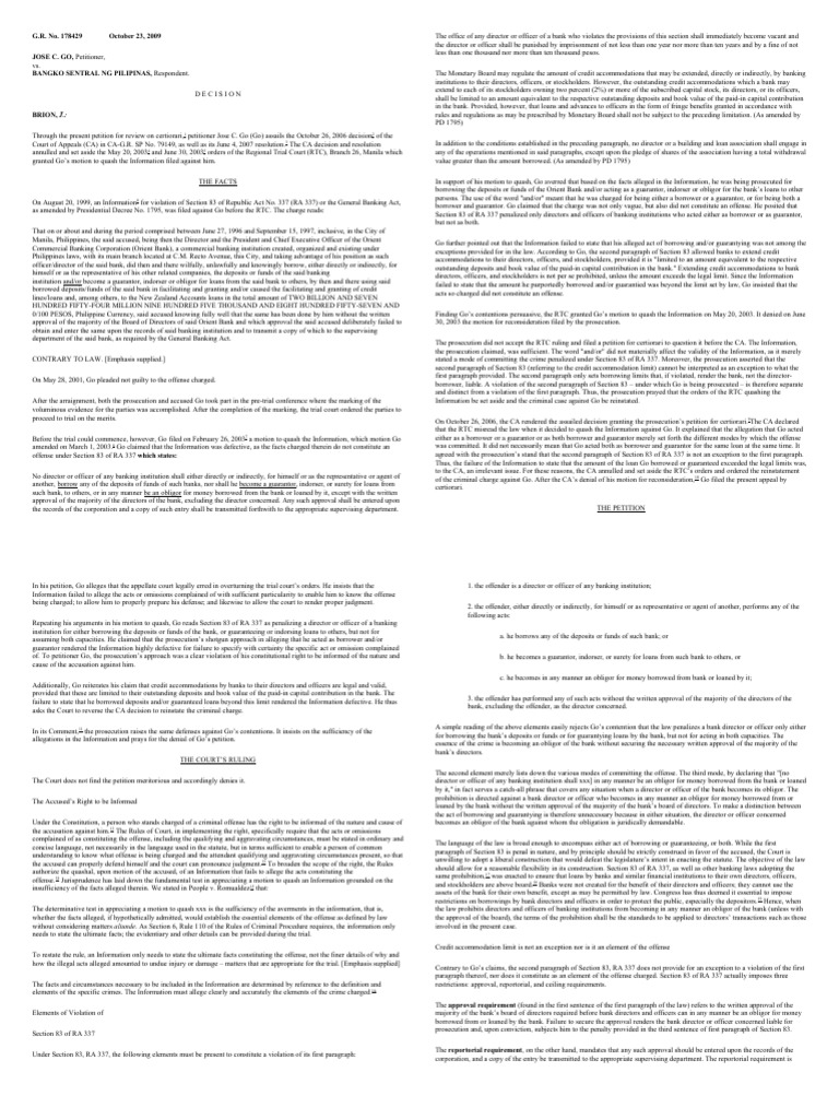 G.R. No. 178429 October 23, 2009 JOSE C. GO, Petitioner, Bangko Sentral ...