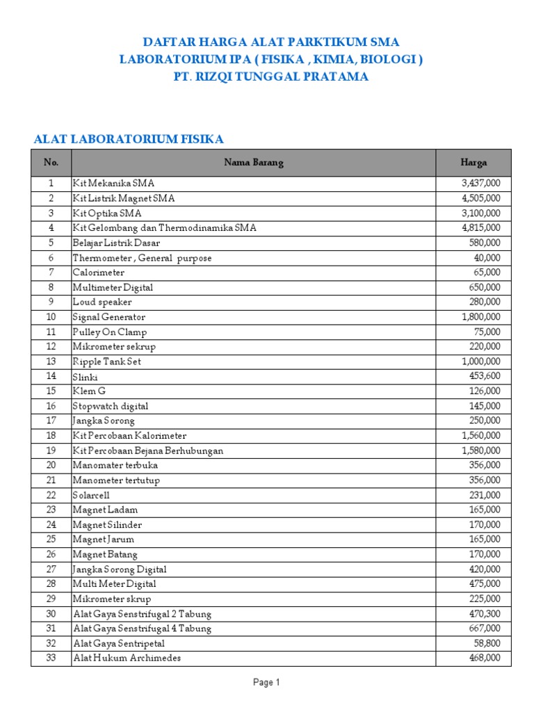DAFTAR HARGA ALAT LAB IPA SMA CV. KHAIRINA MANDIRI Terbaru 2017 | PDF