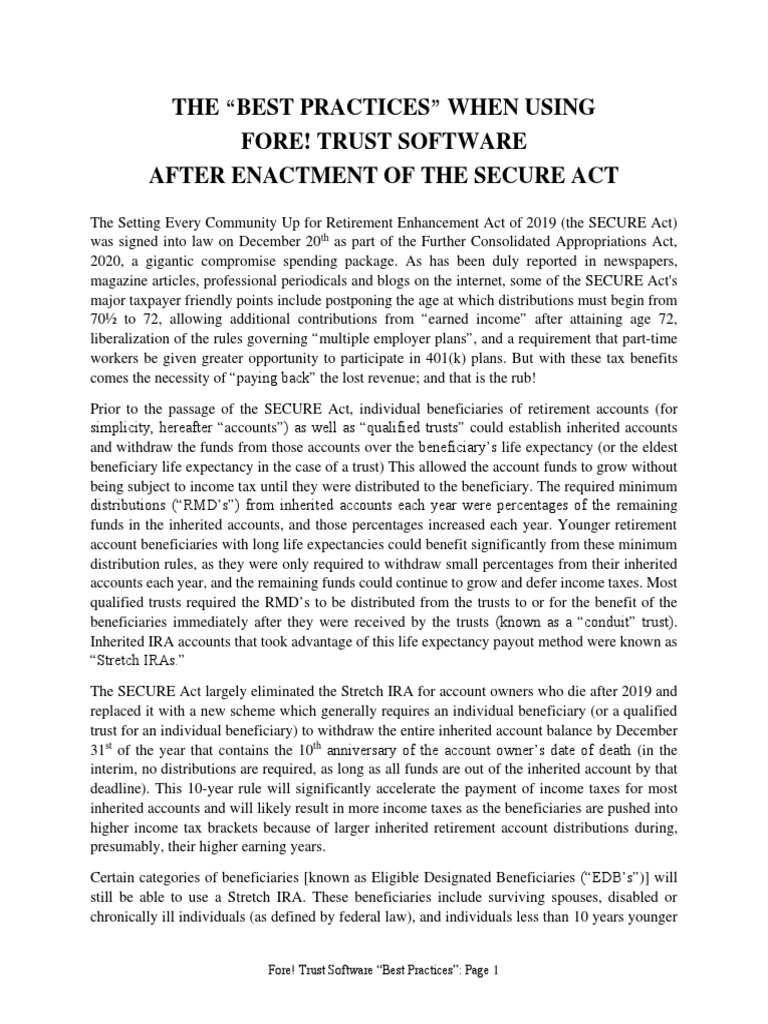 The "Best Practices" When Using Fore! Trust Software After Enactment of ...