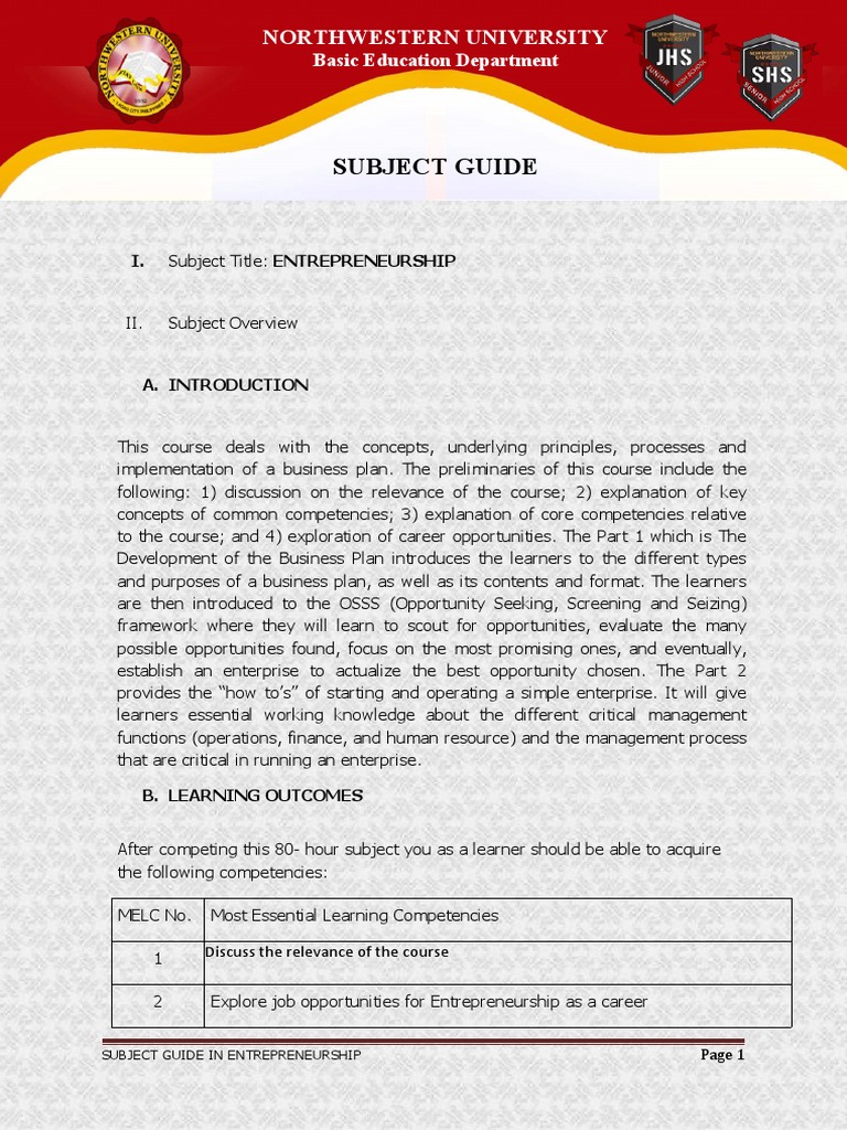 Subject Guide: Basic Education Department | PDF | Supply Chain | Marketing