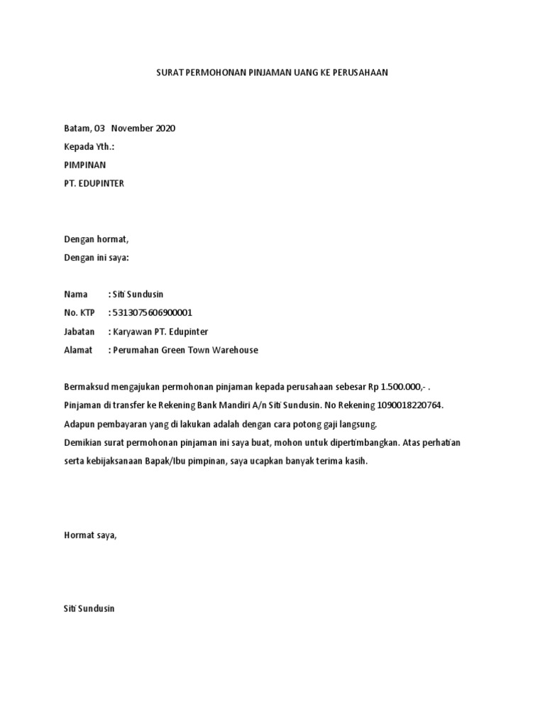 Surat Permohonan Pinjaman Uang Ke Perusahaan | PDF