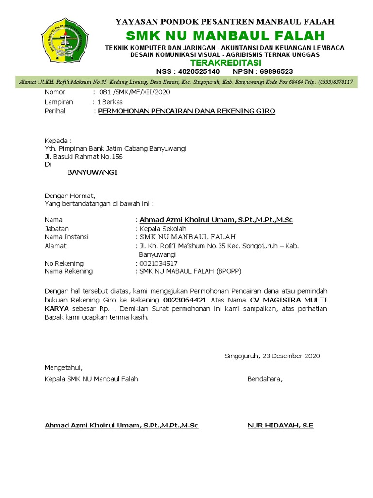 Surat Permohonan Cetak Rekening Giro | PDF